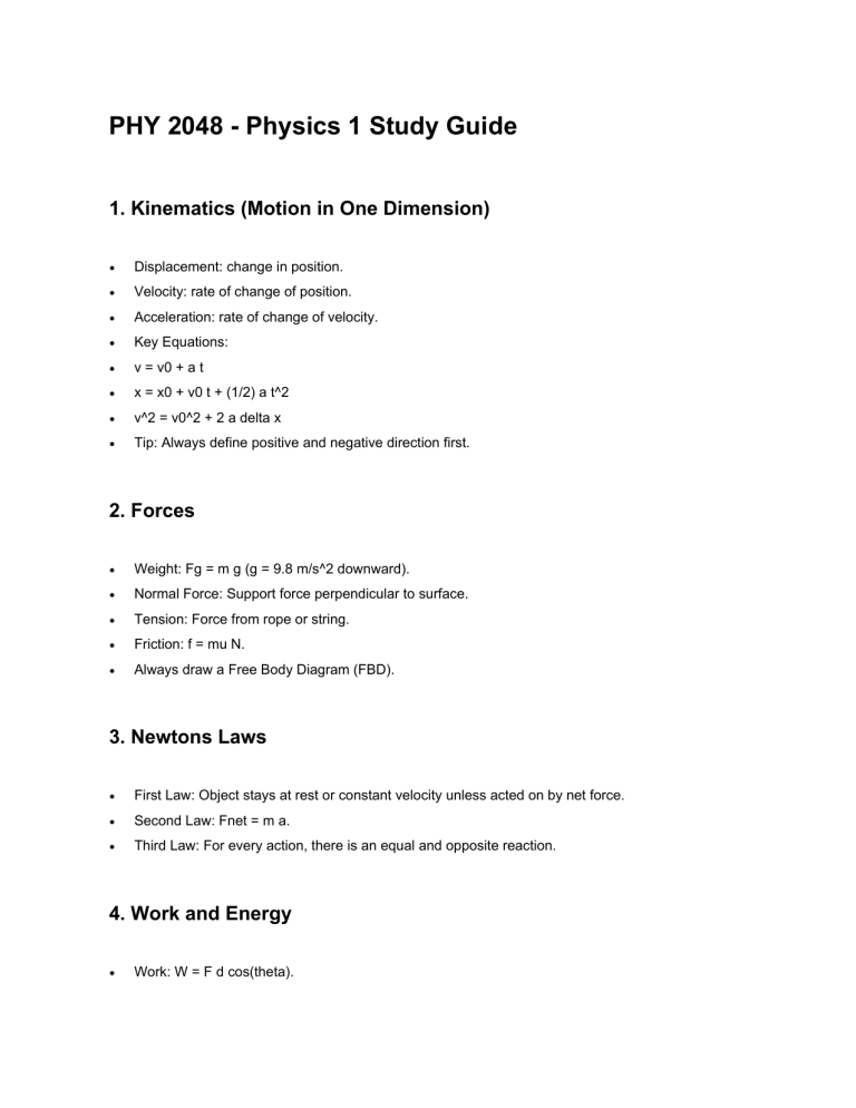 PHY 2048 Physics 1 Study Guide: Kinematics, Forces, Newton's Laws