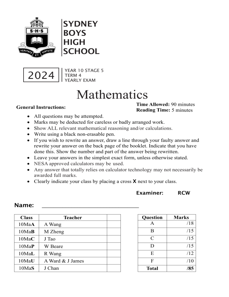 Sydney Boys High School Year 10 Mathematics Exam 2024