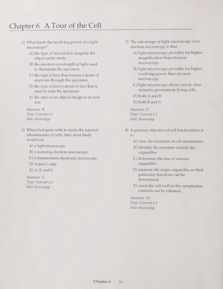 Chapter 6: A Tour of the Cell - Biology Questions