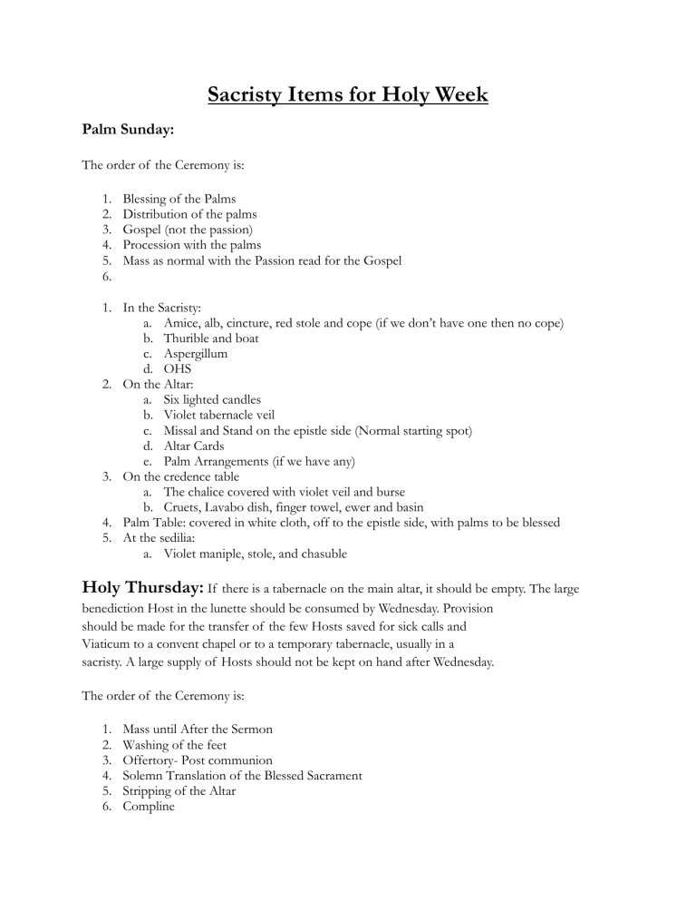 Sacristy Items for Holy Week: Liturgical Checklist