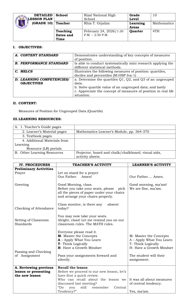 Grade 10 Math Lesson Plan: Measures of Position (Quartiles)