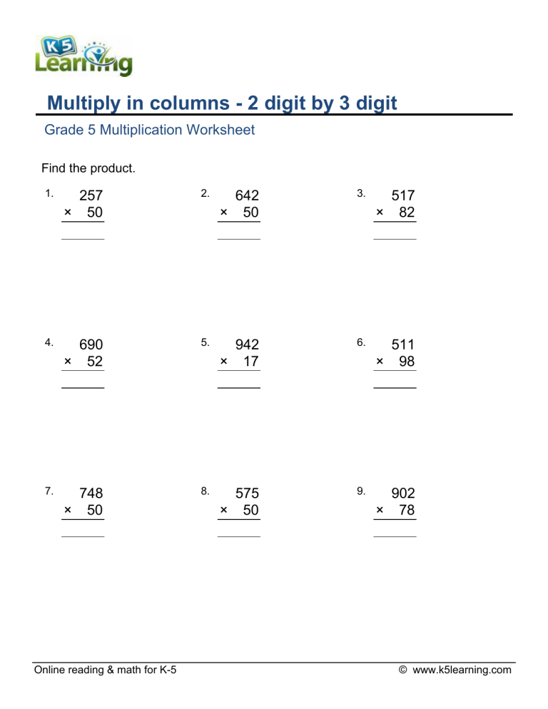 Grade 5 Multiplication Worksheet: 2-Digit by 3-Digit