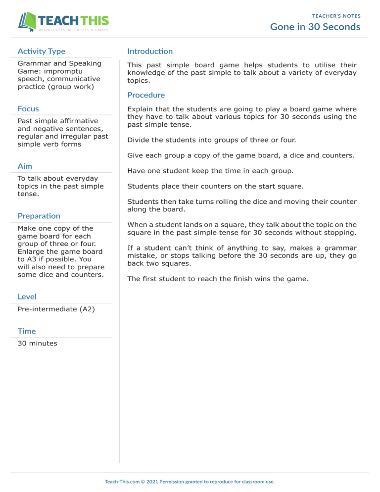 Gone in 30 Seconds: Past Simple ESL Board Game