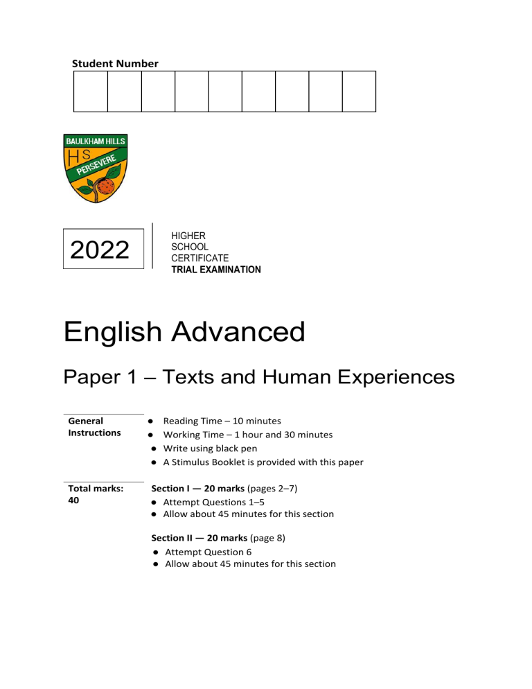 2022 HSC English Advanced Trial Exam Paper 1