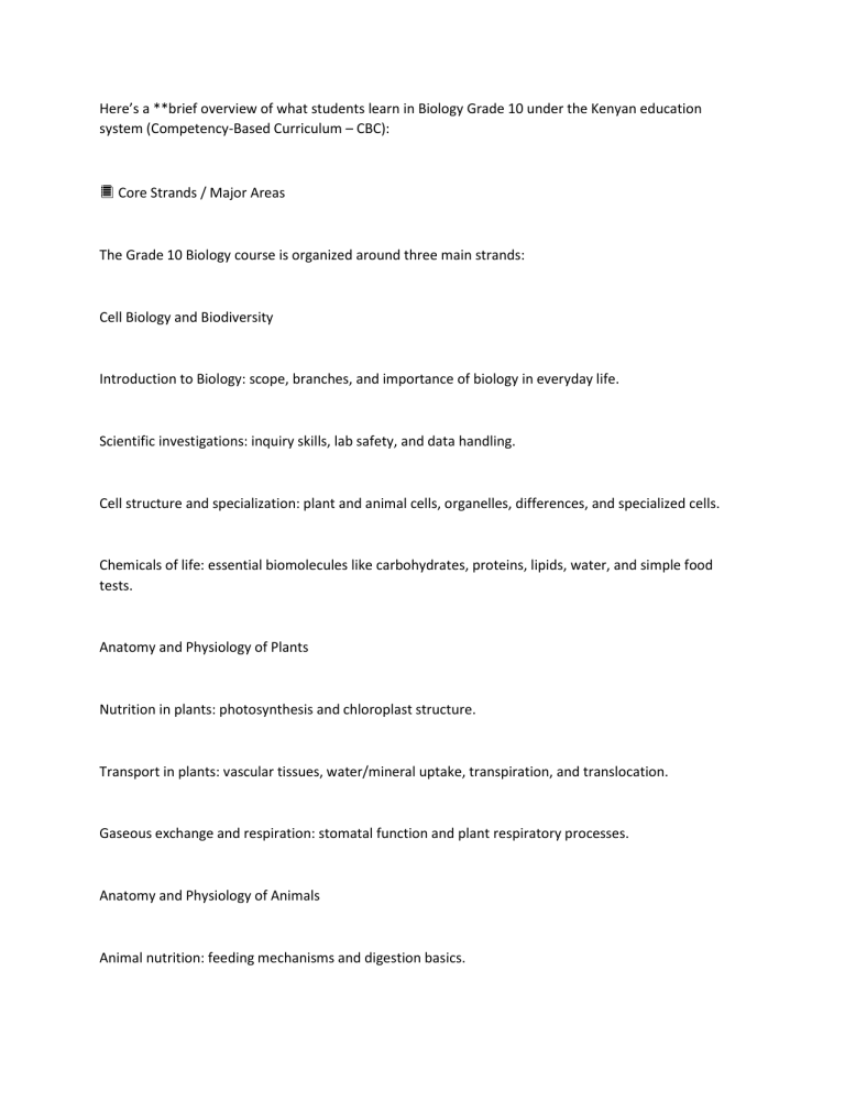 Biology Grade 10 CBC Curriculum Overview