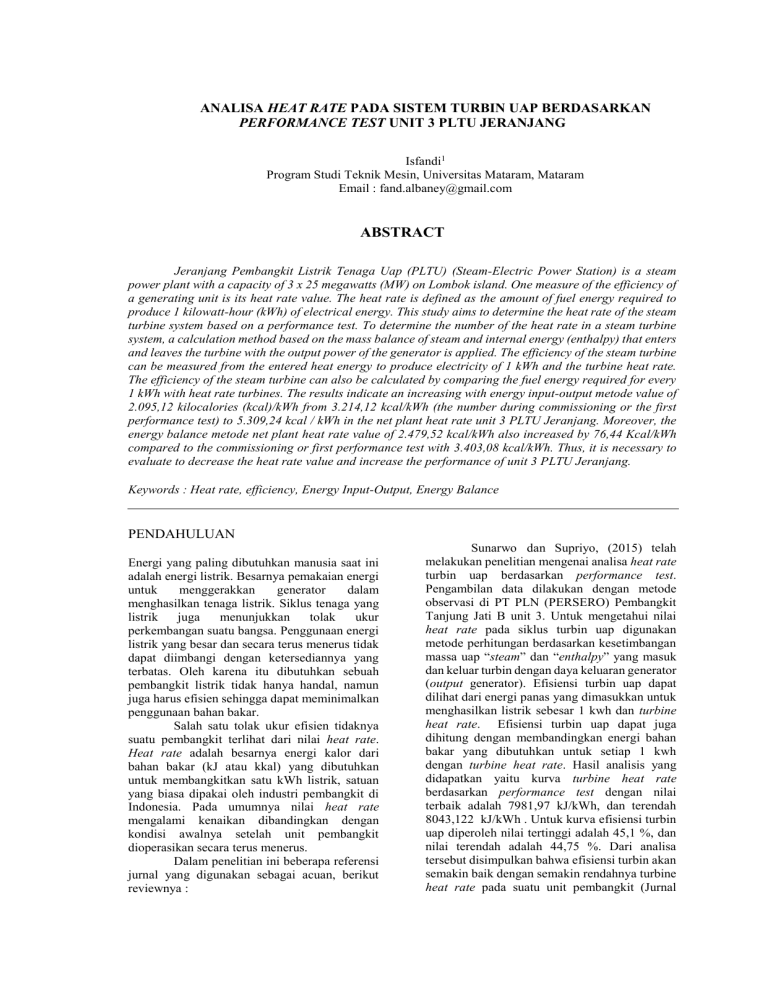 Analisis Heat Rate Turbin Uap Unit 3 PLTU Jeranjang