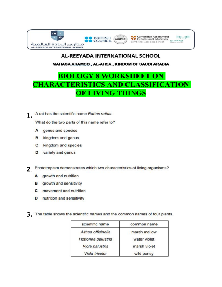 Biology 8 Worksheet: Characteristics & Classification of Living Things