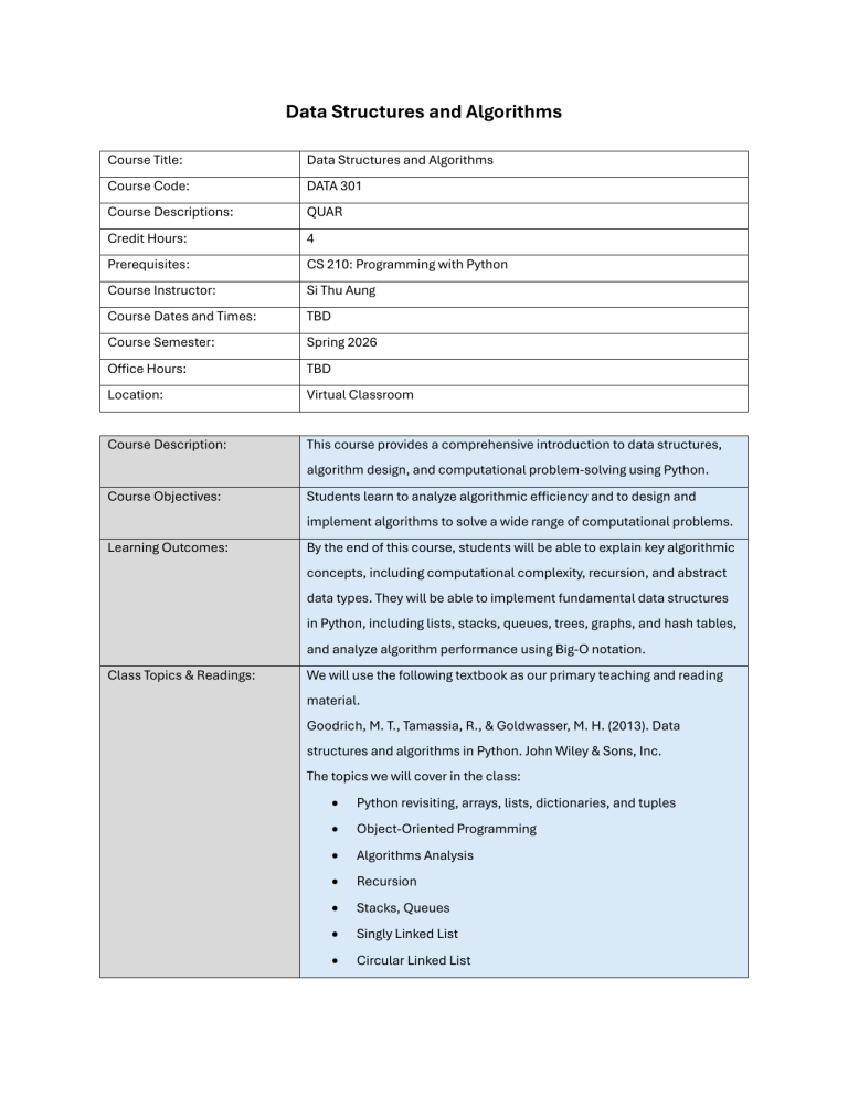 Data Structures and Algorithms Course Syllabus DATA 301