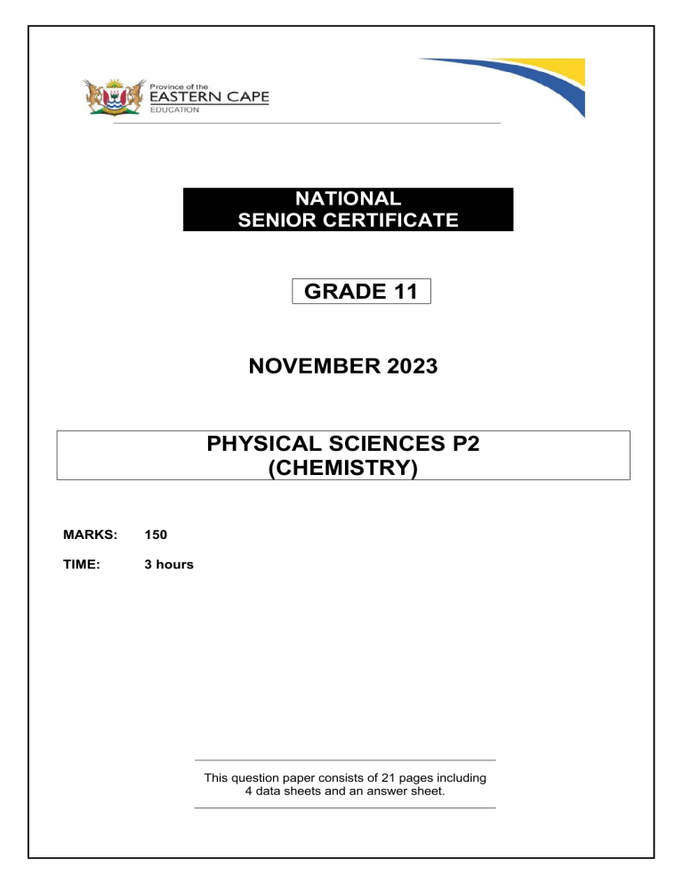 Grade 11 Physical Sciences P2 Chemistry Exam November 2023