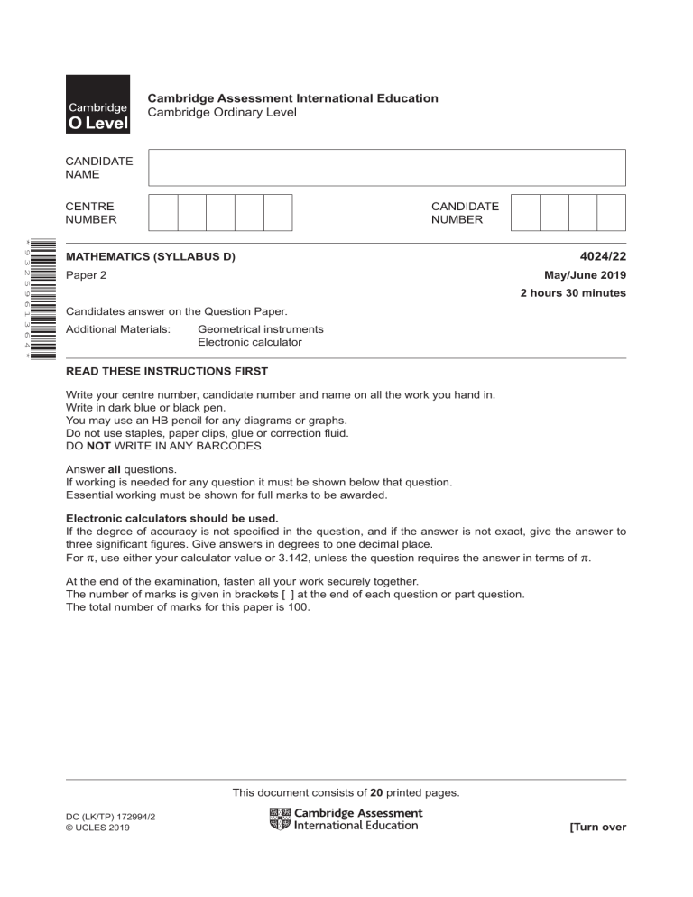 Cambridge O Level Maths Paper 2 2019