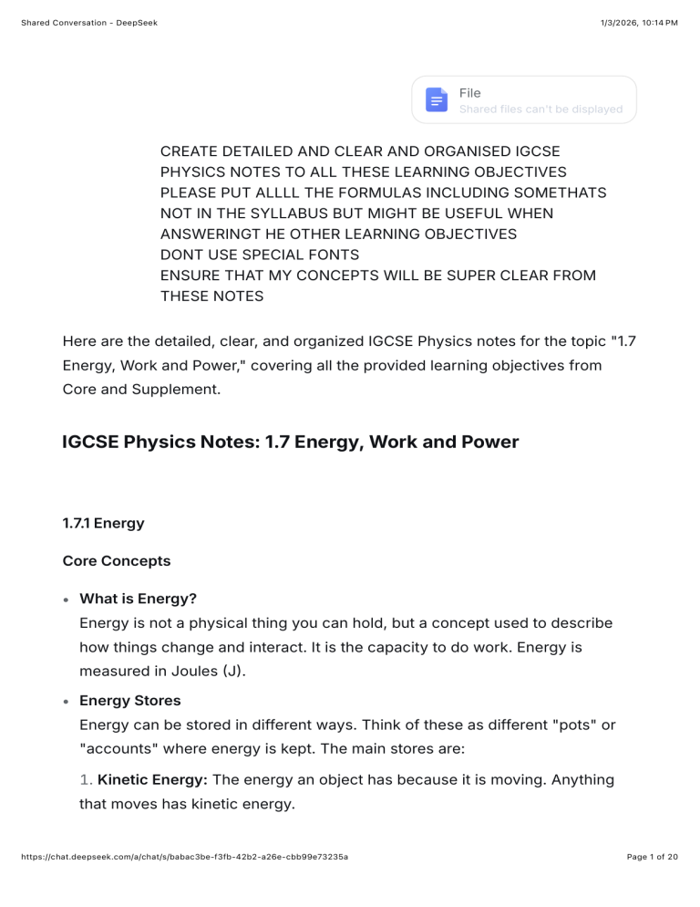 IGCSE Physics Notes: Energy, Work and Power