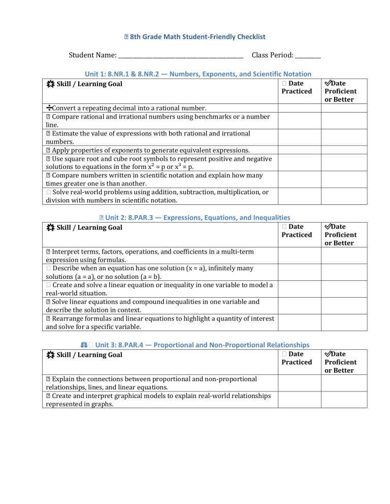 8th Grade Math Student-Friendly Checklist