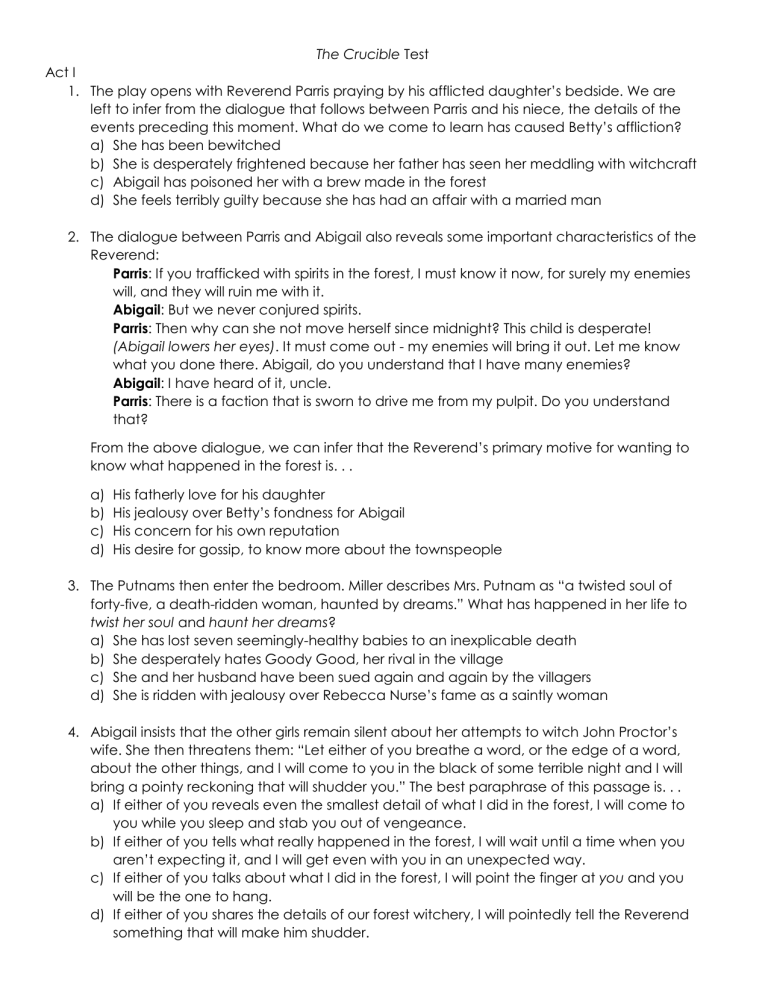 The Crucible Test: Act I Questions