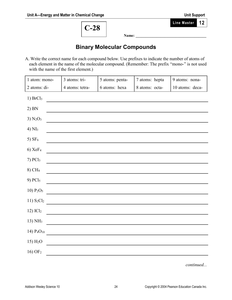 Binary Molecular Compounds Worksheet: Naming & Formulas